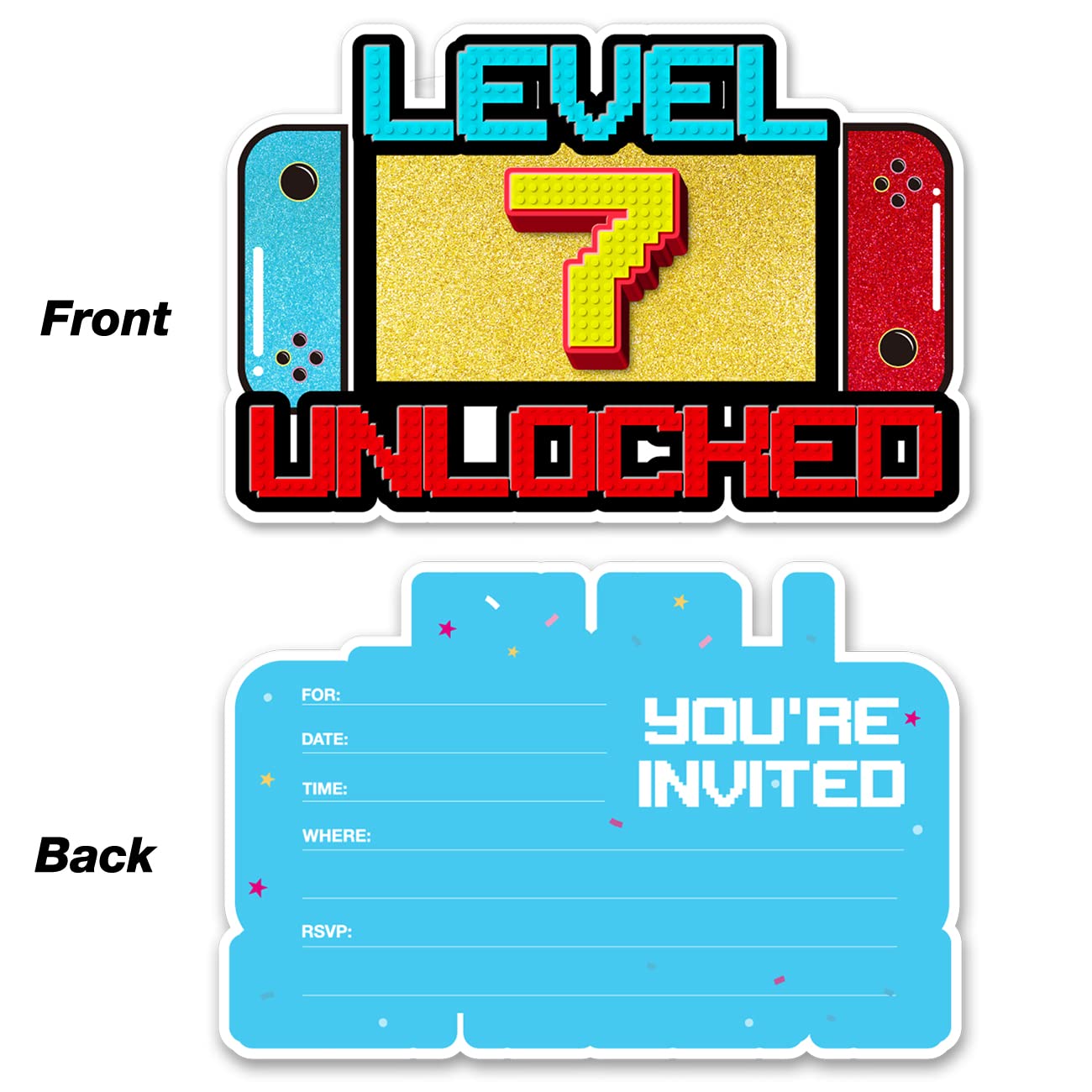 20 Video Game 7th Birthday Party Invitations with Envelopes Double Sided Video Game Console Shaped Fill-in Invitations Invites for 7 Year Old