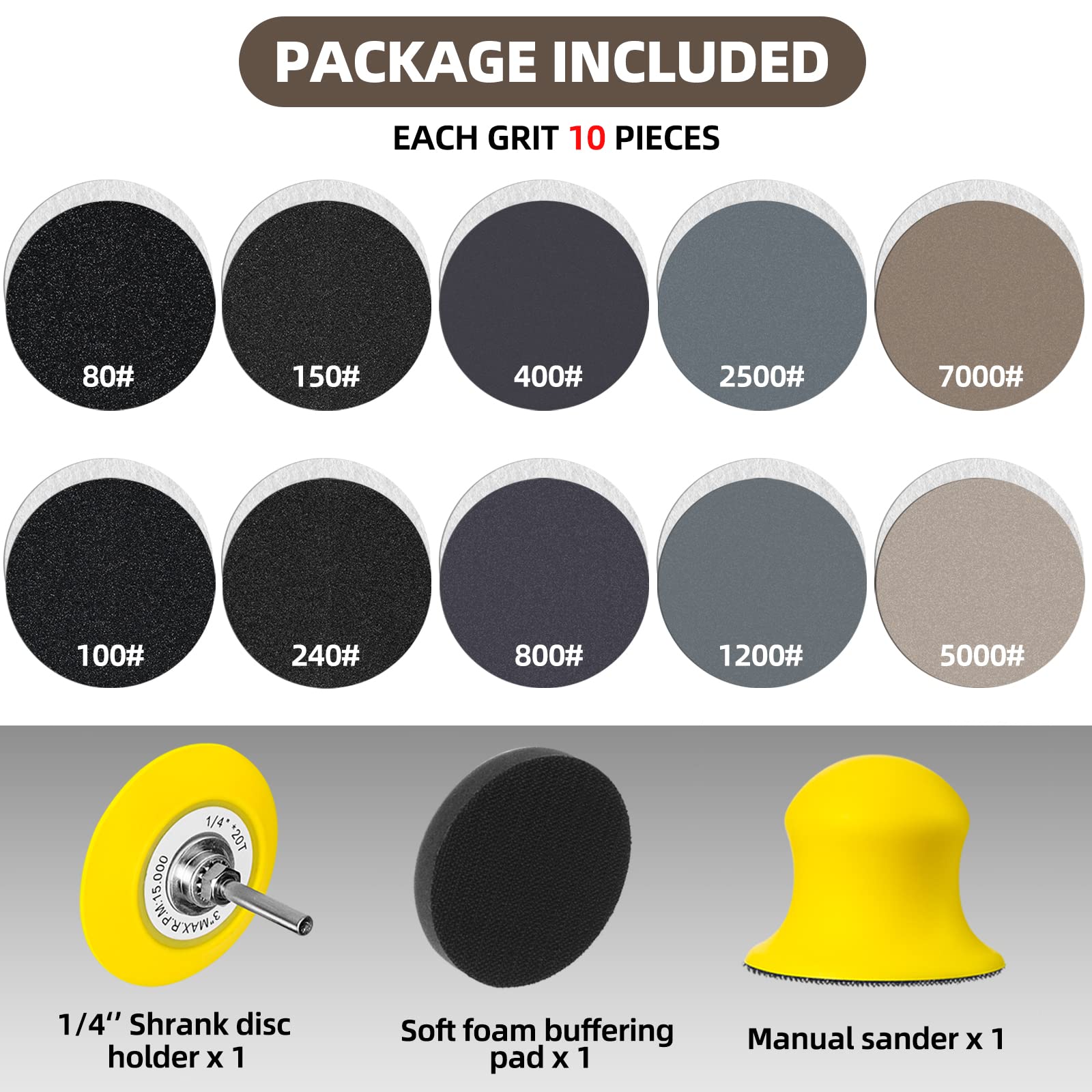 100PCS 3 Inch Sanding Discs Assorted 80-7000 Grits 3β Wet/Dry Sander Pads with 1/4β Shank Backing Plate and Hook & Loop Soft Foam Buffering Pad for Drill Grinder Rotary Tools Attachment