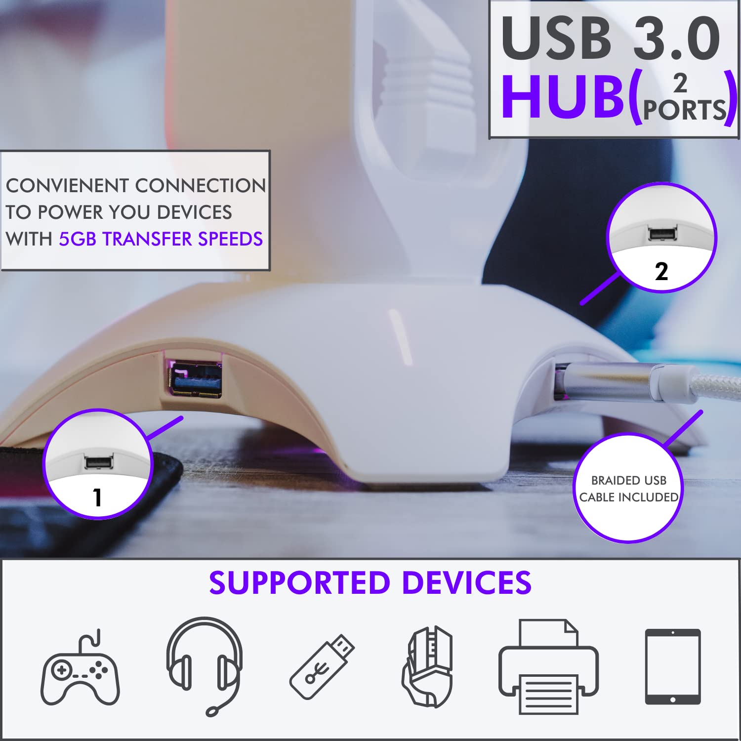 Tilted Nation Gaming Headphone Stand | RGB Headset Stand White | Headset Holder for Desk with Mouse Bungee and USB Hub | The Ultimate Gaming Accessories for Gamers for PS5, Xbox, PC - White