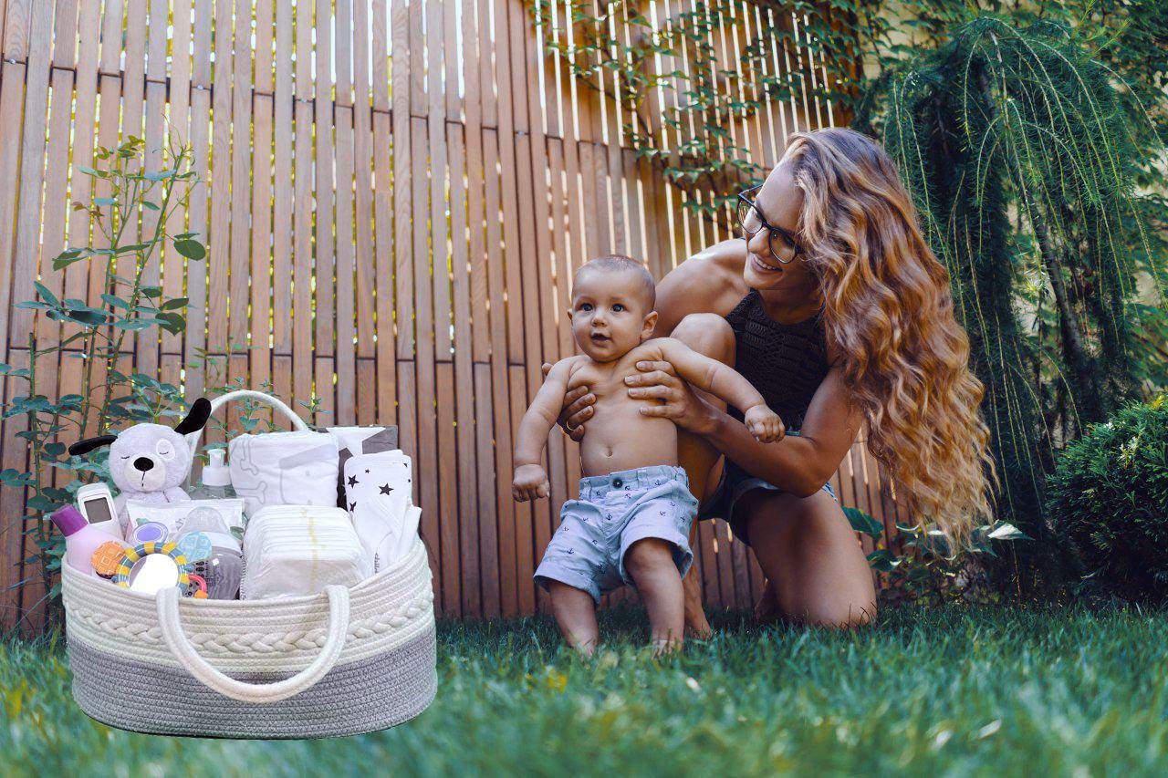 Baby Diaper Caddy Organizer | with Waterproof Changing Pad | 100% Cotton Rope Woven Basket | Portable Nursery Storage | for Boys and Girls | Travel Car Bin | 6 Inner Pockets | Removable Inserts