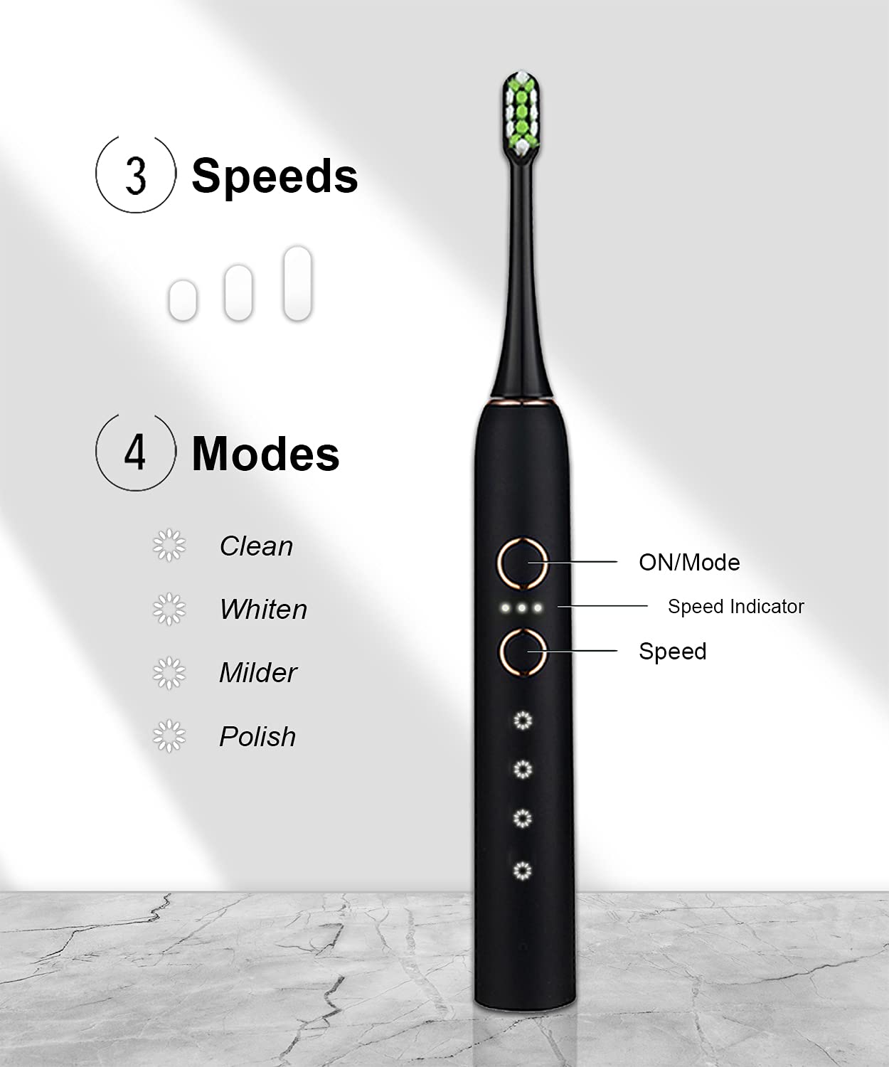 north lover Smart Sonic Rechargeable Electric Toothbrush with 4 Replacements (Black)