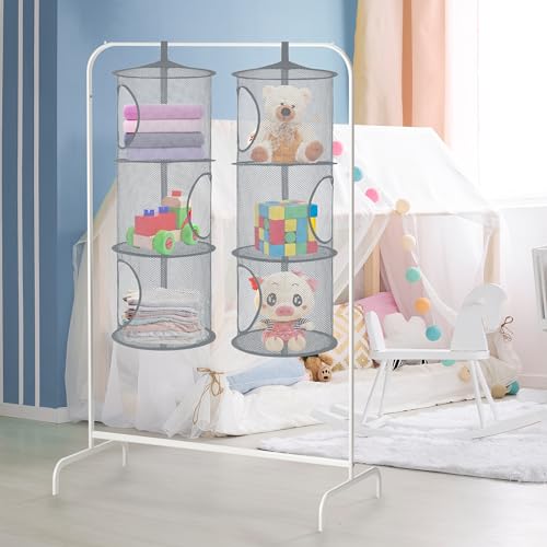 Libeder Mesh Hanging Storage Space Saver Bags Organizer,Foldable Storage Organizer 3/4/5 Compartments Toy Storage Basket for Kids Room Bathroom 2 Sets Grey