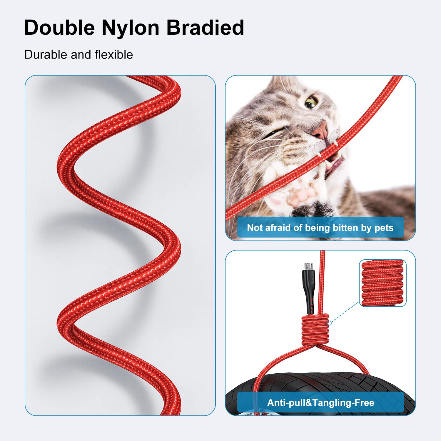 Kithumi Micro USB Cable 10Ft 3 Pack, 10 Feet Long Android Charger Cable, Durable Premium Nylon Braided Fast 10 Foot Phone Charger Cord for Samsung Galaxy S7 S6 S7 S5,Note 5 (Red)