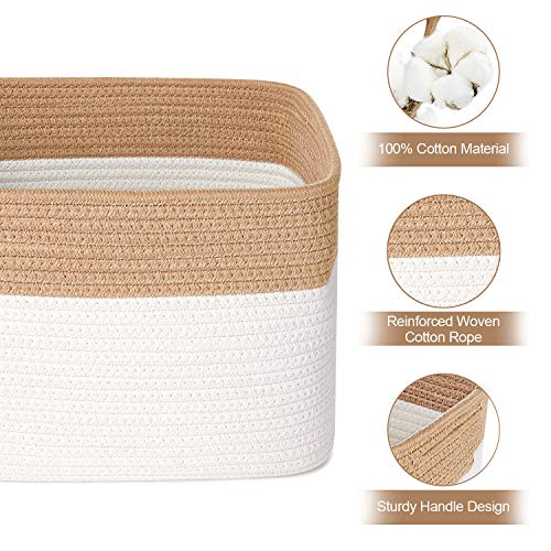 ANMINY 3PCS Woven Cotton Rope Storage Baskets with Handles Large Washable Basket Set Decorative Storage Bins Boxes Blanket Clothes Towel Laundry Organizer Containers - White/Brown