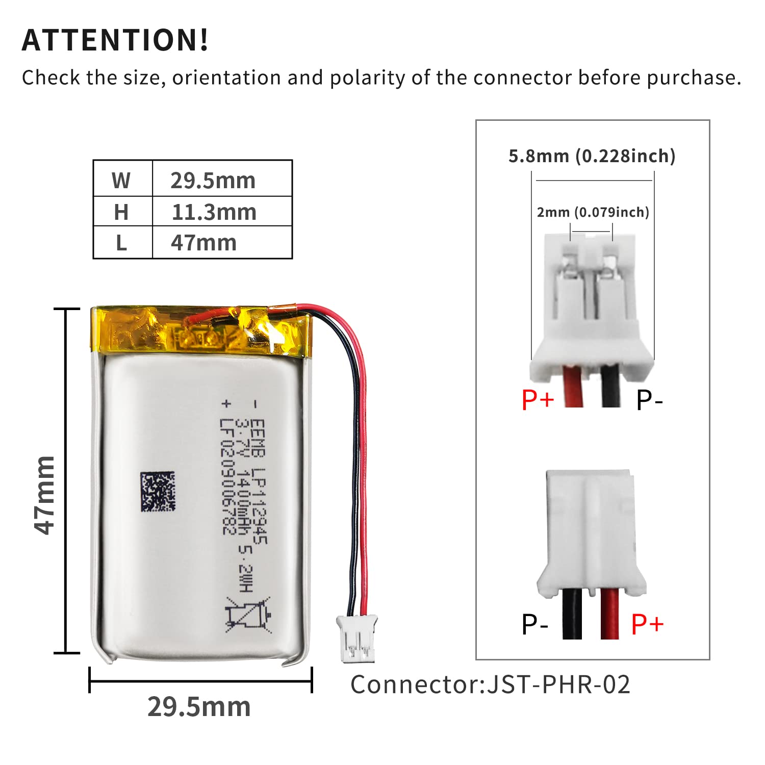 EEMB 3.7V Lipo Battery 1400mAh 112945 Lithium Polymer ion Battery Rechargeable Lithium ion Polymer Battery with JST Connector Make Sure Device Polarity Matches with Battery Before Purchase!!!