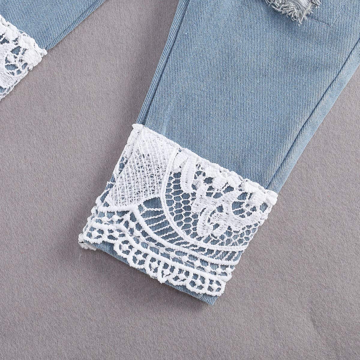 AvoDovA Baby Girls Pants Set Ruffles Sleeve Lace Romper + Denim Ripped Jeans Outfits (White,6-12 Months)