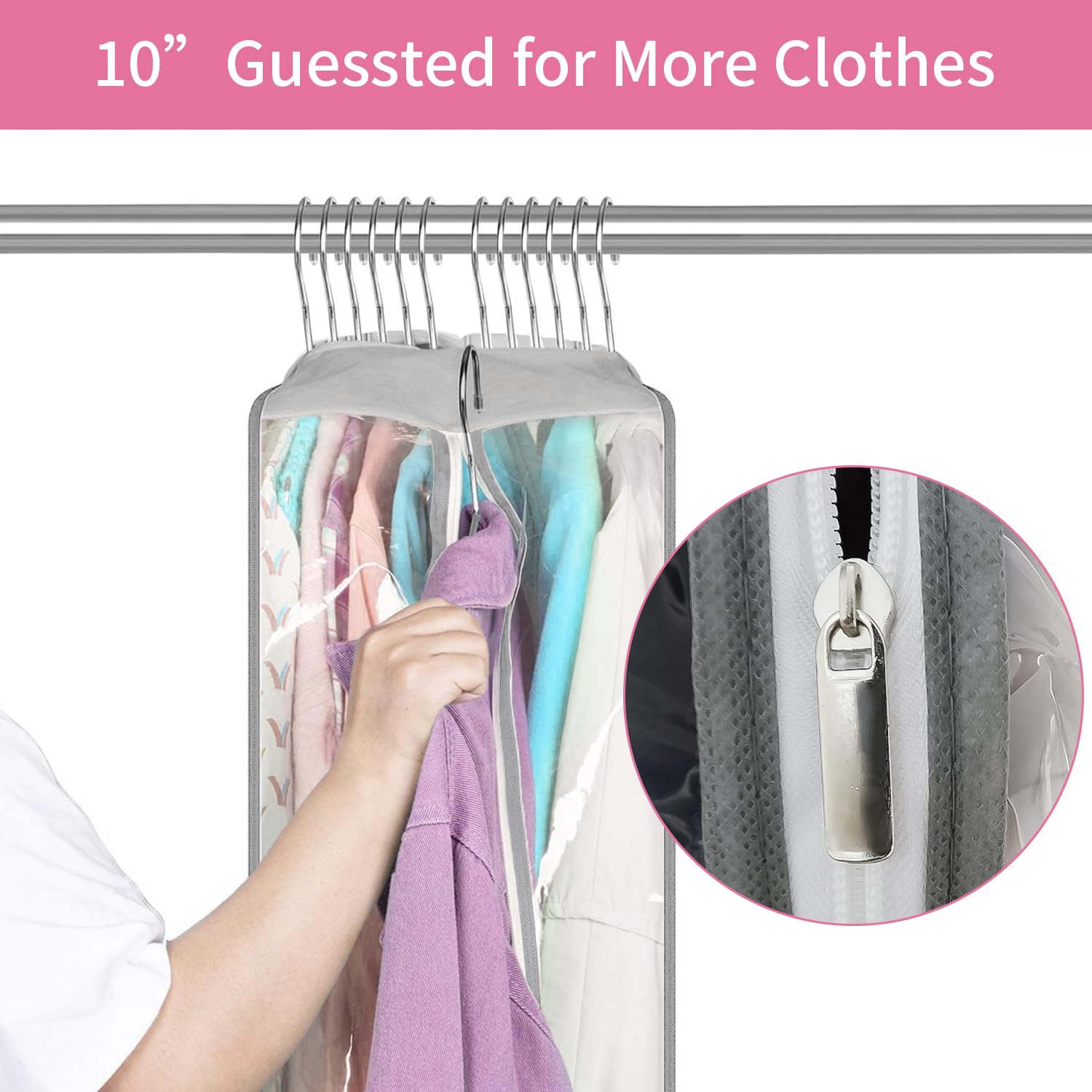 10" Gusseted All Clear Garment Bags for Hanging Clothes 4 Pack 50" Dress Bags for Closet Hanging Storage for Suit, Coats, Grey
