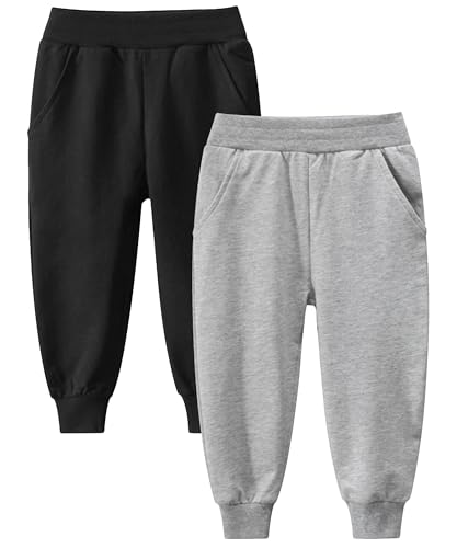 GFQLONG Toddler Baby Boys 2 Pack Cotton Active Jogger Pants,Kids Casual Athletic Sweatpants Solid Pocket Bottoms,Black+Grey 3-4T