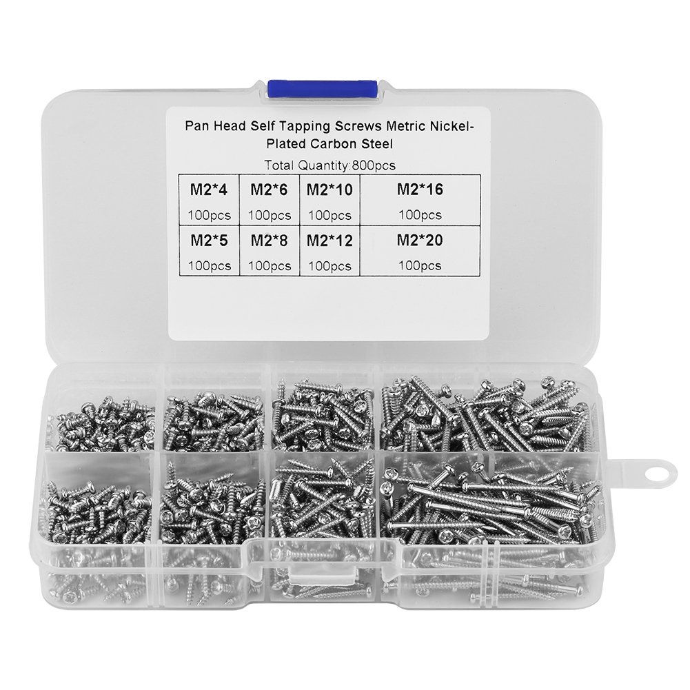 800pcs M2 Cross Drive Pan Head Self-Tapping Screws Woodworking Fastener with Box