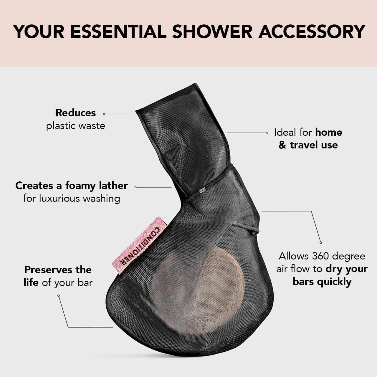 Kitsch Bar Soap Saver Bag – Recycled Mesh Beauty Bar Pouch for Body Wash, Conditioner & Shampoo Bars, Holder to Preserve Soap, Eco-Friendly, Patented Bag – Black