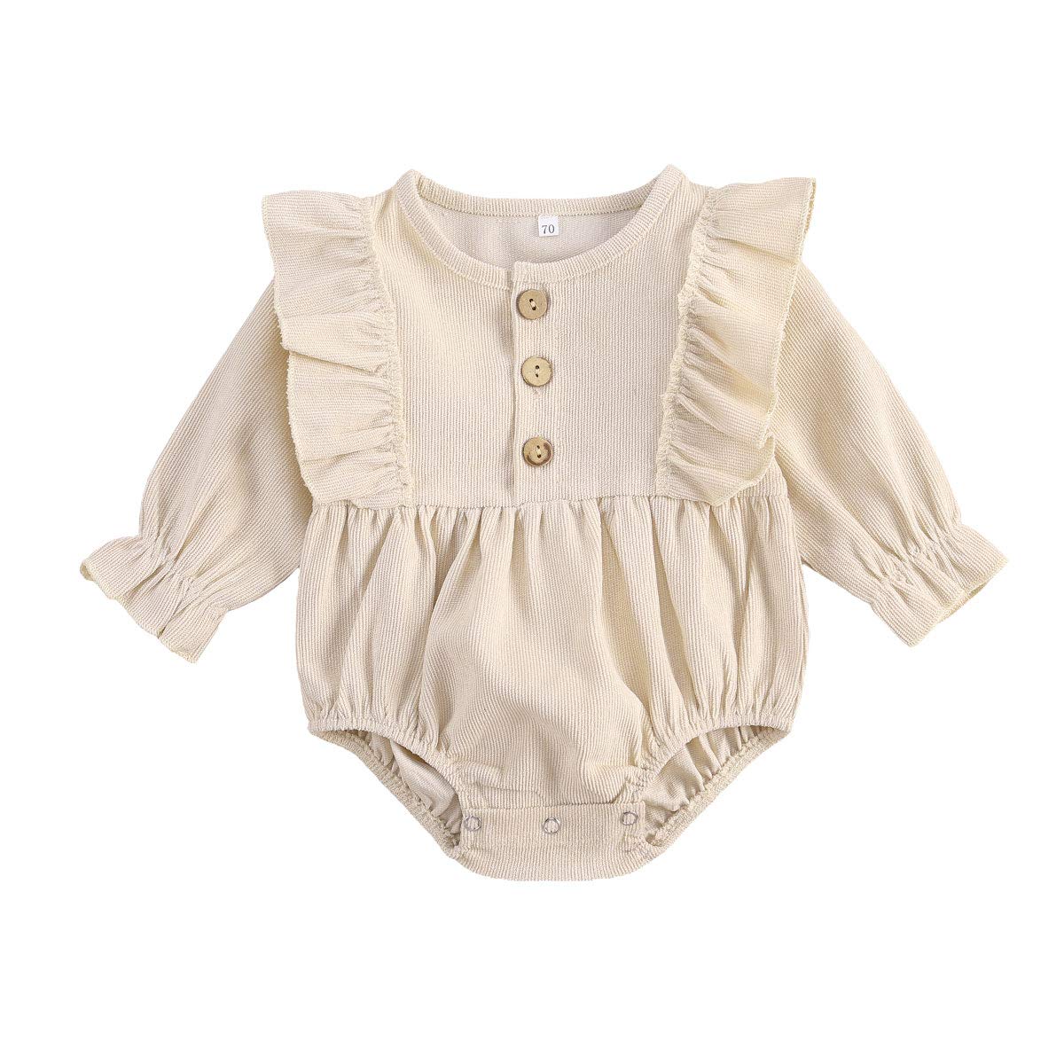 Sasaerucure Infant Baby Girl Clothes Solid Ruffle Long Sleeve Romper Bodysuit Tops One Piece Jumpsuit Fall Winter Outfit (Apricot, 0-3 Months)