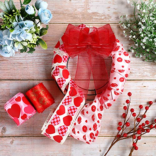 Valentine Wired Edge Ribbon, Hearts Patterned Ribbon, Heart Pattern Ribbon for Wrapping Wreath Flowers Bows, 2.5 Inch x 20 Yards in All (Light-Color Style)