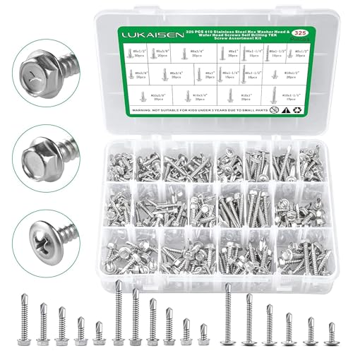 325Pcs Self Drilling Screws Assortment Kit, 410 Stainless Steel Self Tapping Sheet Metal TEK Screws for Metal, Truss & Hex Washer Head #8#10-1/2",5/8",3/4",1",1-1/4",1-1/2"