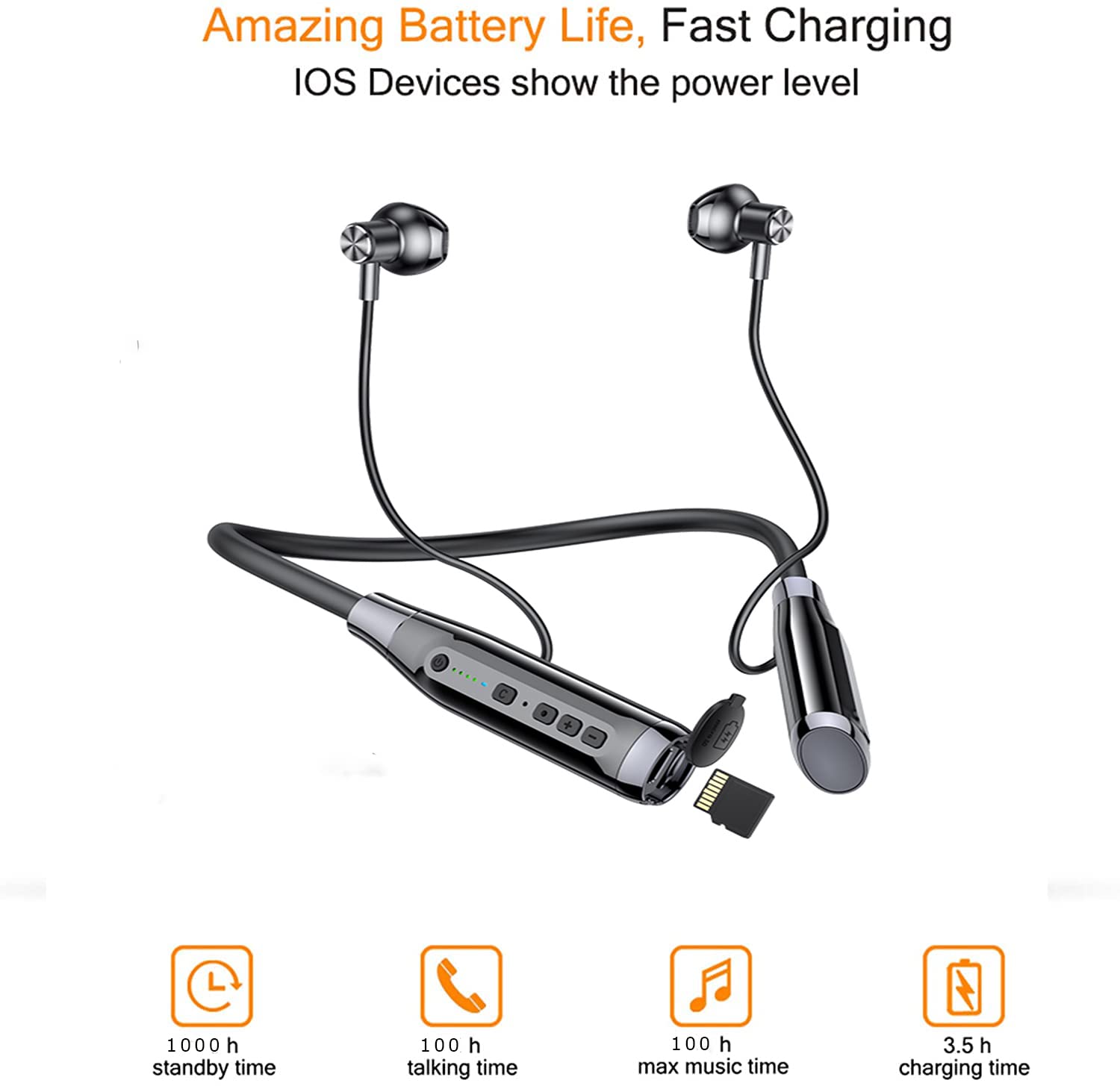 Bluetooth Headphones Neckband Wireless HeadsetTF card can be insertedwith MP3function100 Hours Long Battery Life Built-in Noise Cancelling Microphone Semi-in-Ear Earbuds foRunningDrivingWorking