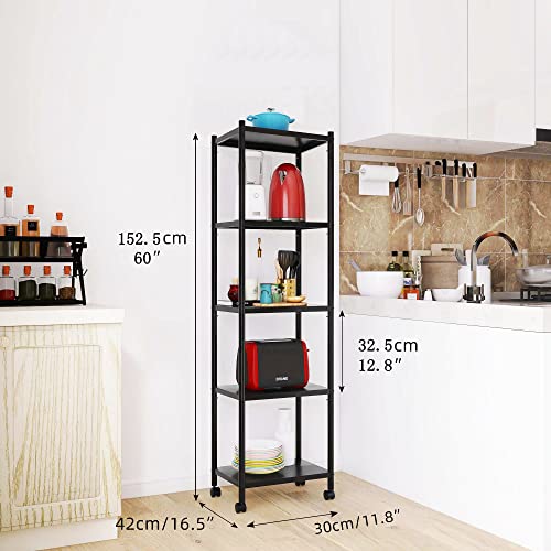 5-Tier Metal Rolling Cart Organizer with Wheels ,Adjustable Heavy Duty Free Standing Baker's Rack for Kitchens,Storage Tower for Pantry Laundry Bathroom Narrow Places