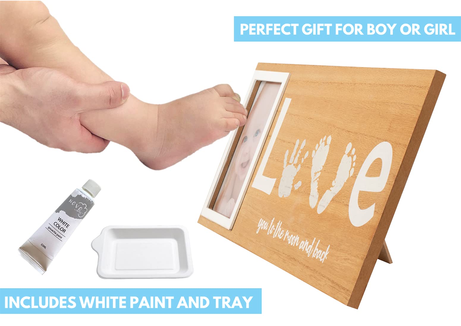 Baby Footprint & Handprint Photo Frame Kit | Capture Unforgettable Moments! Includes White Paint and Paint Tray | Newborn Keepsake Frame | Hand & Foot Impression (17 x 7 Inches