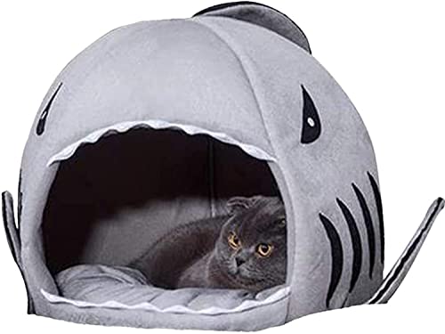 Cat Litter Hot Cat Mat Shark-Shaped House Warm Kennel Kitten Bed One Mat Two Usage Shark Bed for Small Cat Dog Cave Cozy Bed Removable (Light Grey)