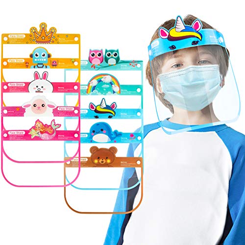 10PCS Kids' PET Reusable Clear Protective Safety Face Shields Assorted Designs for Boys & Girls, Lightweight High Transparency Wrap-Around Splash Cover Anti-Fog Visor Comfortable Fit Elastic Headband