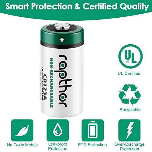 rapthor 1650mAh CR123A 3V Lithium Batteries 16 Pack CR123 High Power 123A CR17345Photo Battery PTC Protected for Cameras Flashlight Alarm Smart Sensors (Non-Rechargeable, Not for Arlo)