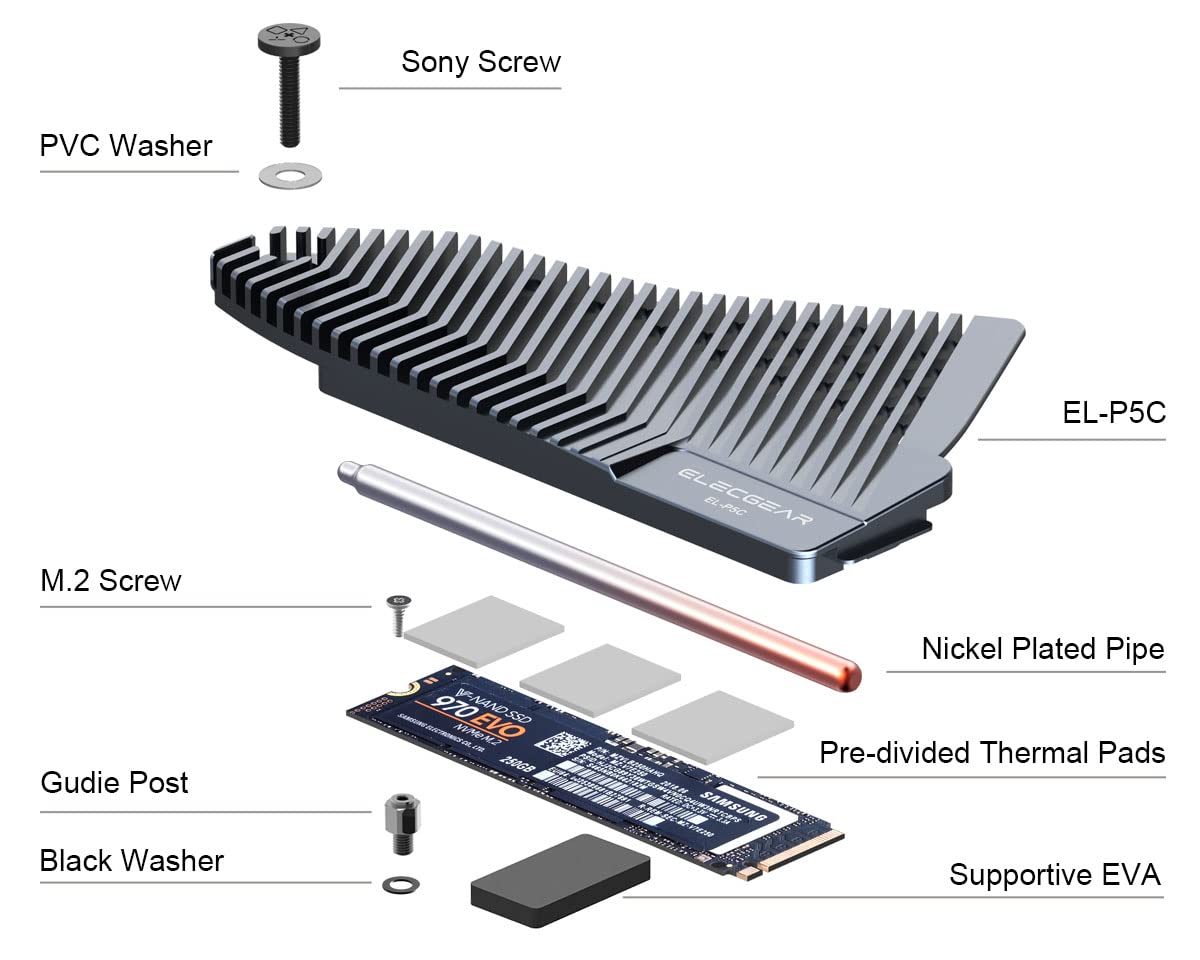 ElecGear PS5 NVMe SSD Heatsink, EL-P5C Heat Pipe + Solid Aluminum Cooler for PlayStation 5 Internal PCIe M.2 NVMe 4.0 Gen4 Gaming Memory, Thermal Pads and Re-Designed SSD Mounting Post Kit