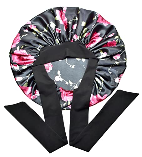 Extra Large Sleep Cap Satin Bonnet for Sleeping Long Hair Bonnet for Women Large Night Cap for Curly Hair XL Silk Bonnets (Black + Rose)