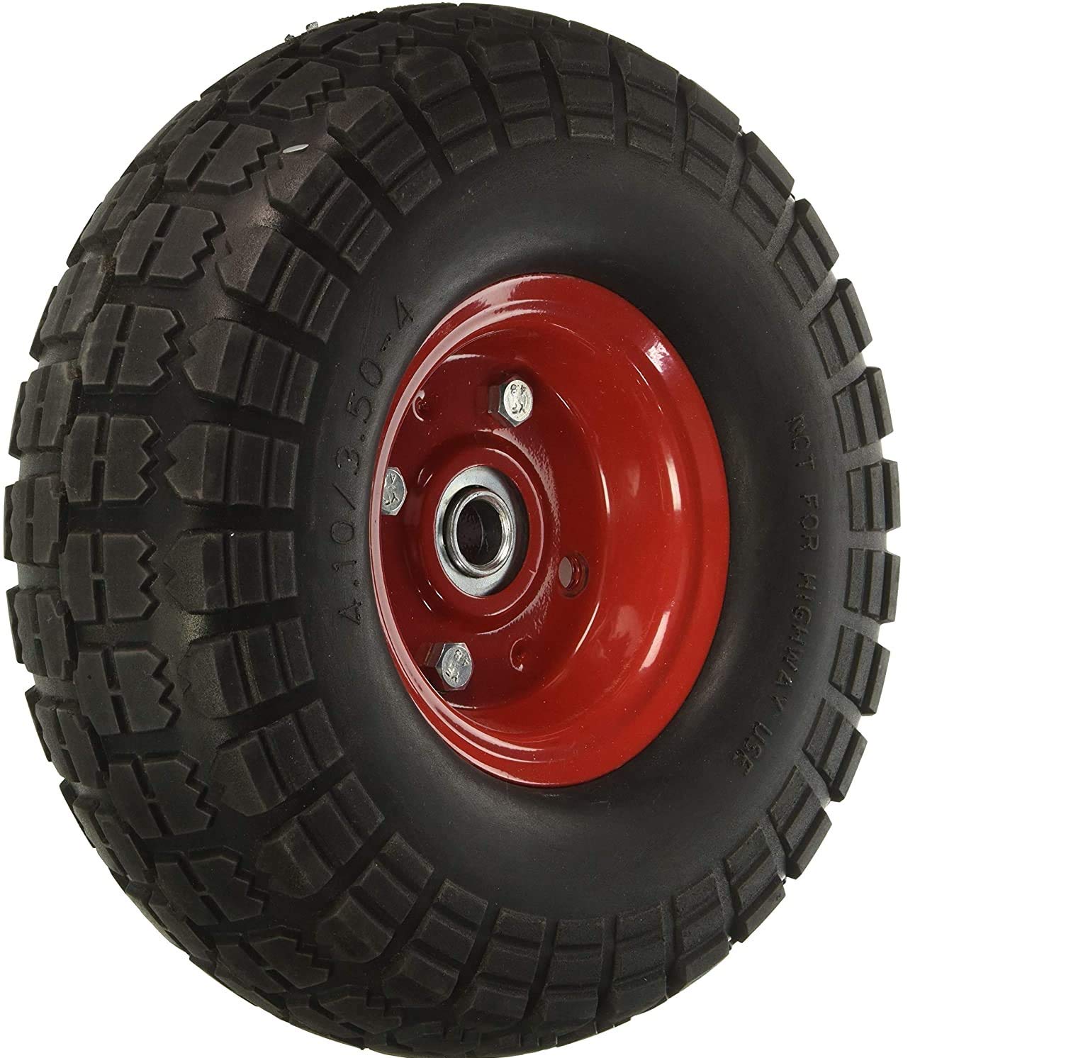 10"Flat Free, Hand Truck/All-Purpose Utility Tire on Wheel- 5/8" Center Shaft Hole (Black Tire - Red Rim)