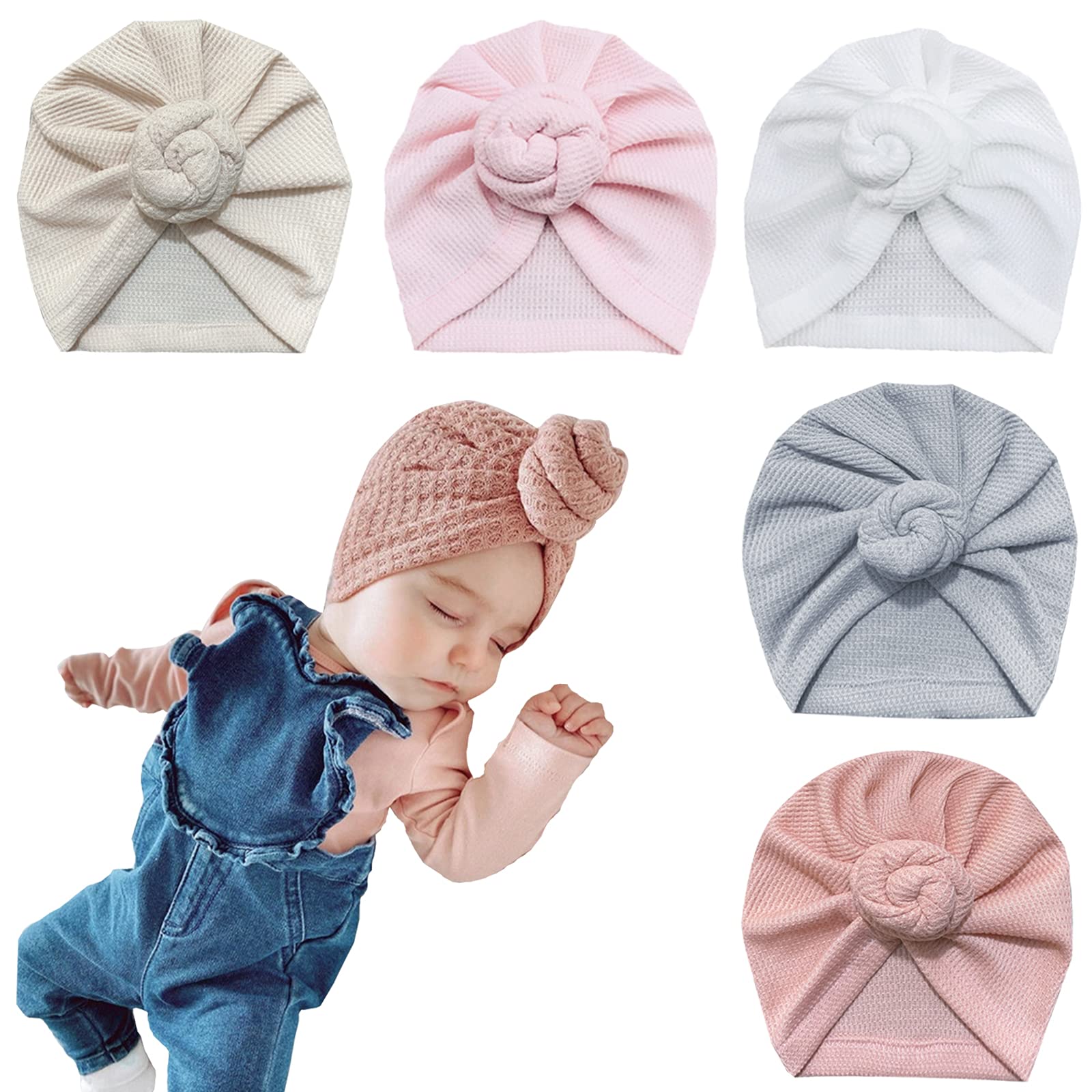 Asufegucd 5 Pieces Baby Turban Hats Turban Bun Knot Baby Infant Beanie Baby Girl Soft Toddler Cap Waffle Style (Girls 5pcs)