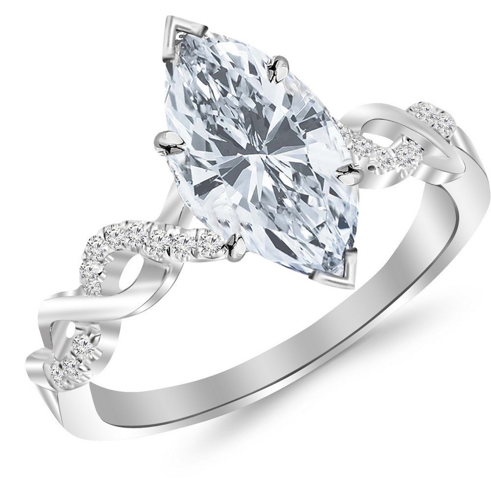 1.13 Ctw Marquise Cut Twisting Infinity Gold and Diamond Split Shank Pave Set 14K White Gold Diamond Engagement Ring (J-K Color I1-I2 Clarity 1 Ct Center)