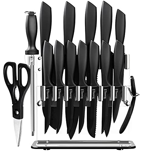MICHELANGELO Kitchen Knife Set with Block, Sharp Black Knife Set for Kitchen, 16 Piece Stainless Steel Cooking Knife Set with Sharpener, Includes Steak Knives Set, Chef Santoku Knives, Black