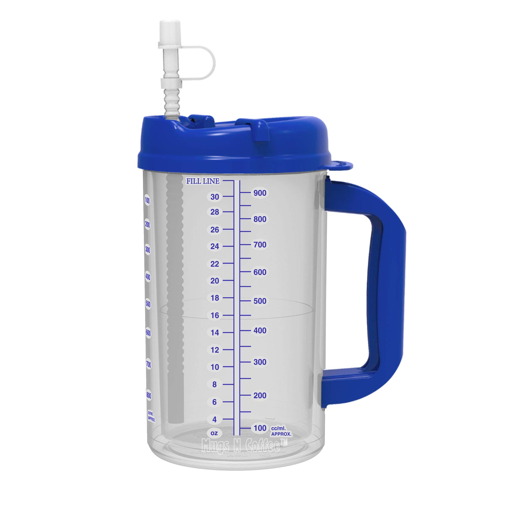 32 oz Double Wall Insulated Hospital Mug - Cold Drink Mug - Large Carry Handle - Includes Straw (2, Blue)
