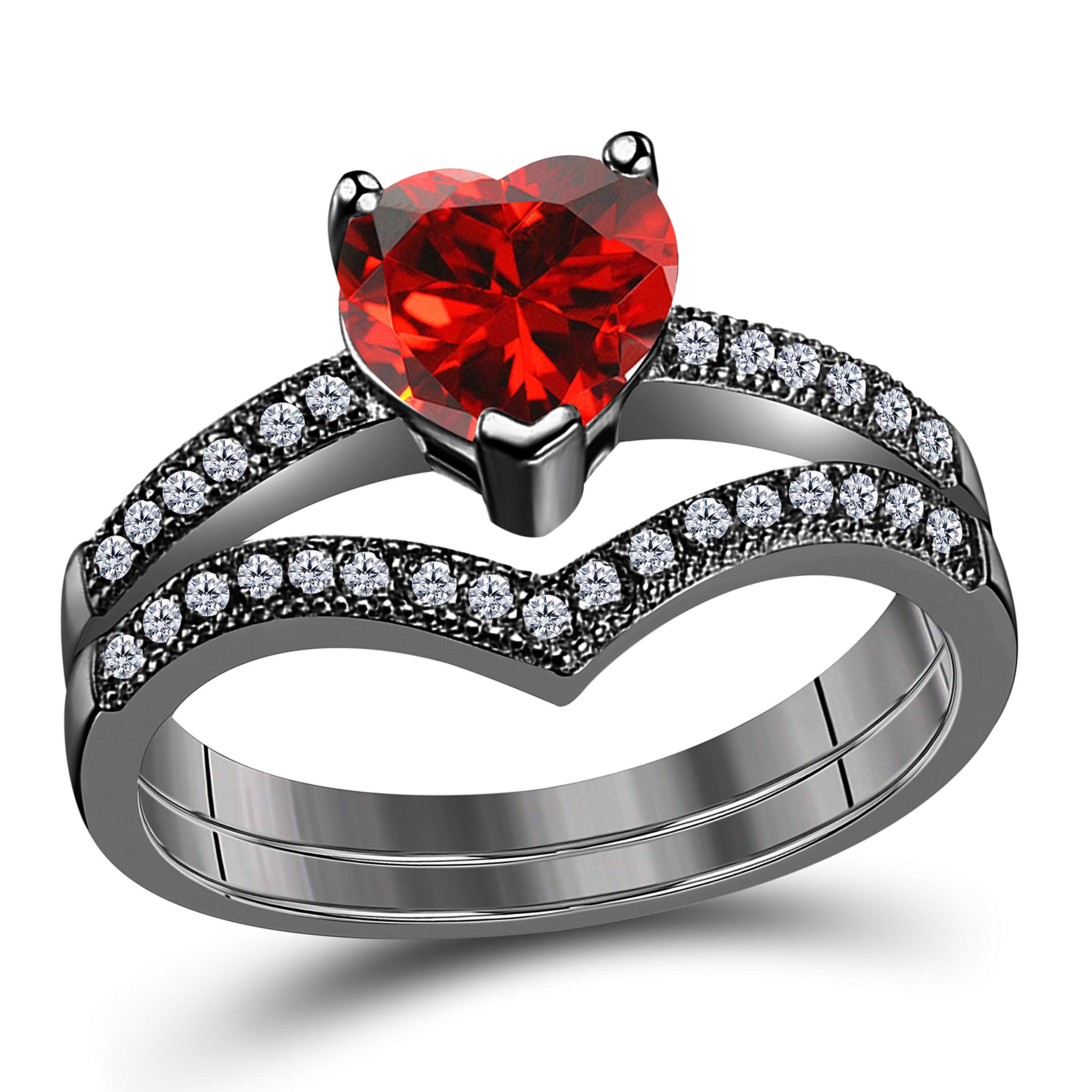 1.00ct Heart Shape CZ Red Garnet 14k Black Gold Plated Split Shank Wedding Engagement Promise Rings for Her