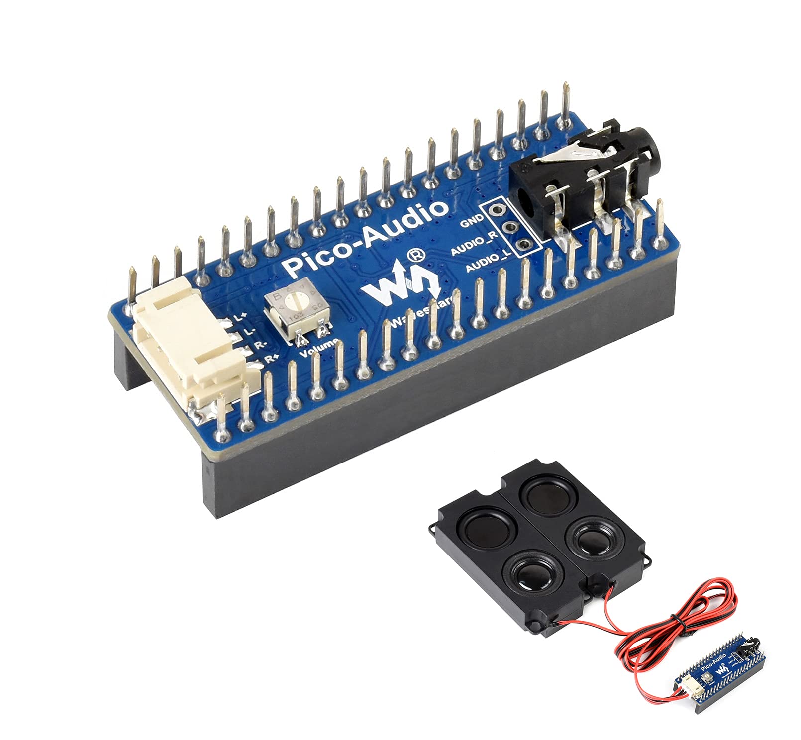 Audio Expansion Module for Raspberry Pi Pico, Incorporates PCM5101A Low Power Stereo Decoder, 3.5mm Audio Jack, Dual Channels Speaker Headers, Use I2S Bus, Headphone / Speaker Output Concurrently