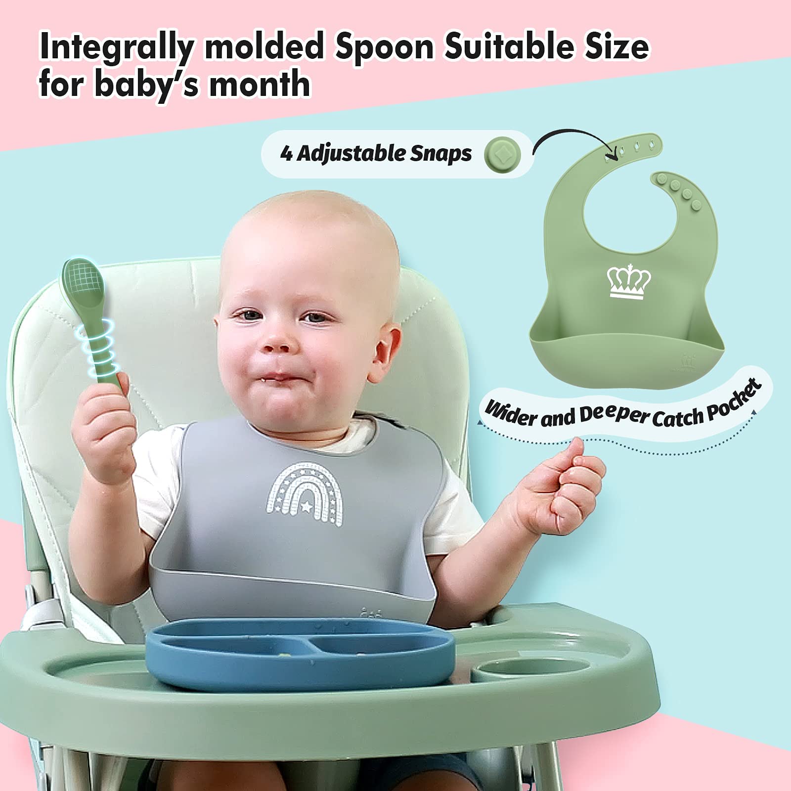 Plates And Bowls Sets For Baby/Kids, 4 PACK Baby Feeding Supplies with Suction Bowl&Divided Plate&Adjustable Bib&Soft Spoon-BPA Free-Easily Clean Infant Training Eating Utensil (Green)