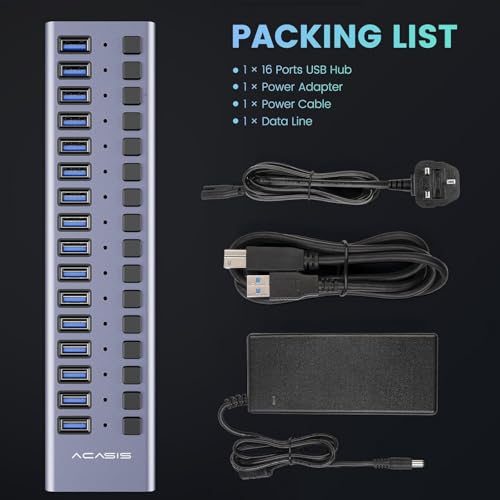 90W Powered USB Hub - ACASIS 16 Ports USB 3.0 Data Port, Aluminum Housing, Individual On/Off Switches, 12V/7.5A Power Adapter, USB Charging Hub/USB Splitter for Laptop, PC, Computer, Printer