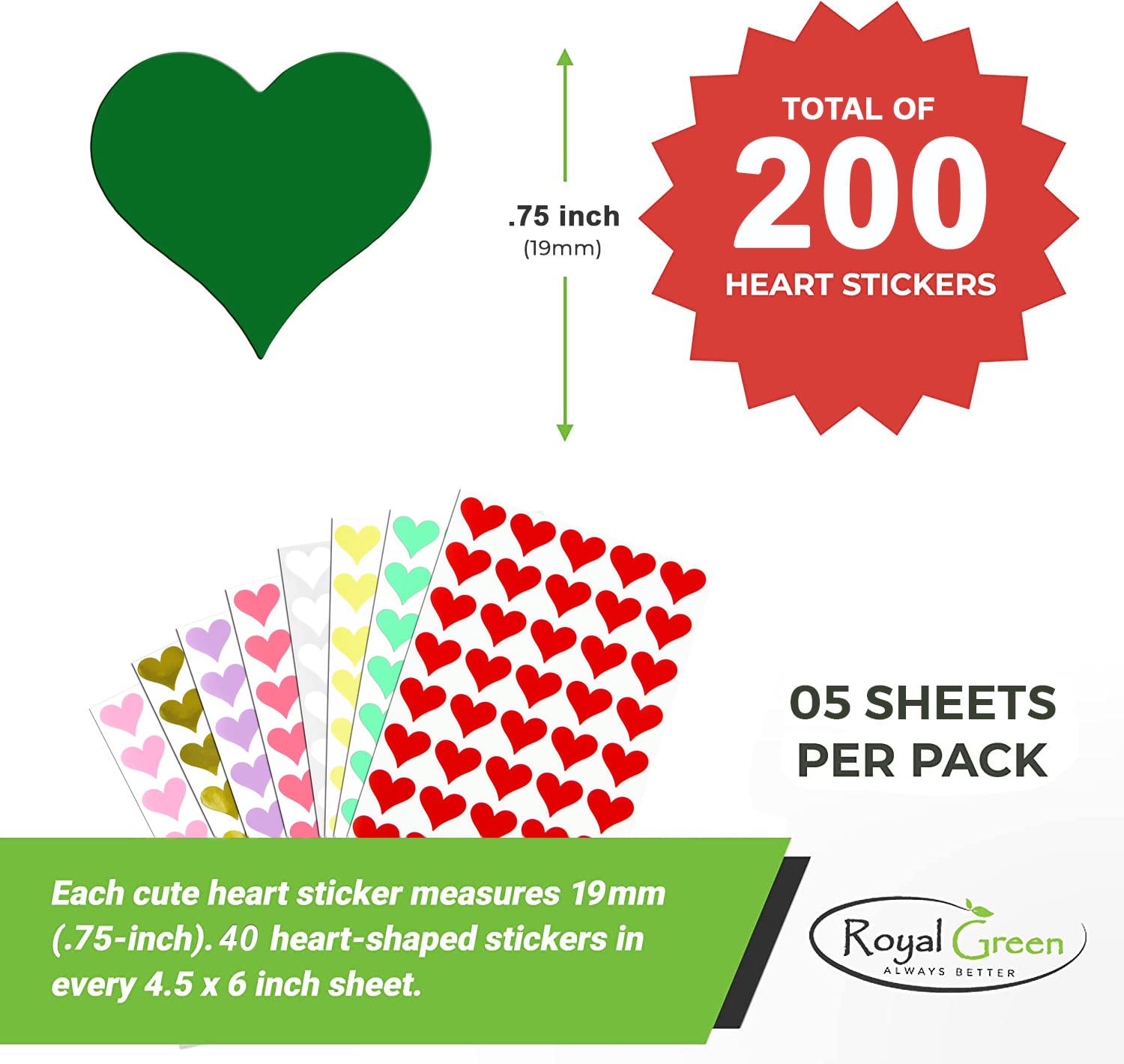 Royal Green Heart Sticker 19mm (1.9cm) Teacher Supply Stickers Labels for Arts and Crafts 3/4 inch in Light Blue - 200 Pack