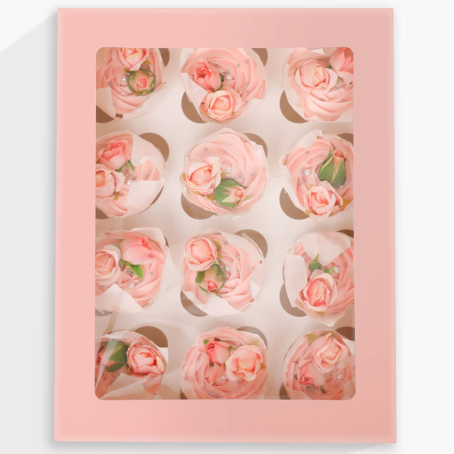 12 Cupcake Containers 10-Packs Pink Cupcake Box Cupcakes Carrier, 12 Cupcake Boxes with Window 13"x10"x3.5"(Auto-pop up)
