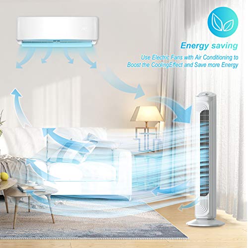 Airvention Tower Fan for Bedroom, Ultra Quiet Breezing, 90° Wide Angle Oscillating Air Circulator, 3 Speed Levels, Small Footprint Design, 32 inch Middle Tower Standing Fan, Space Saving, FZ09, White