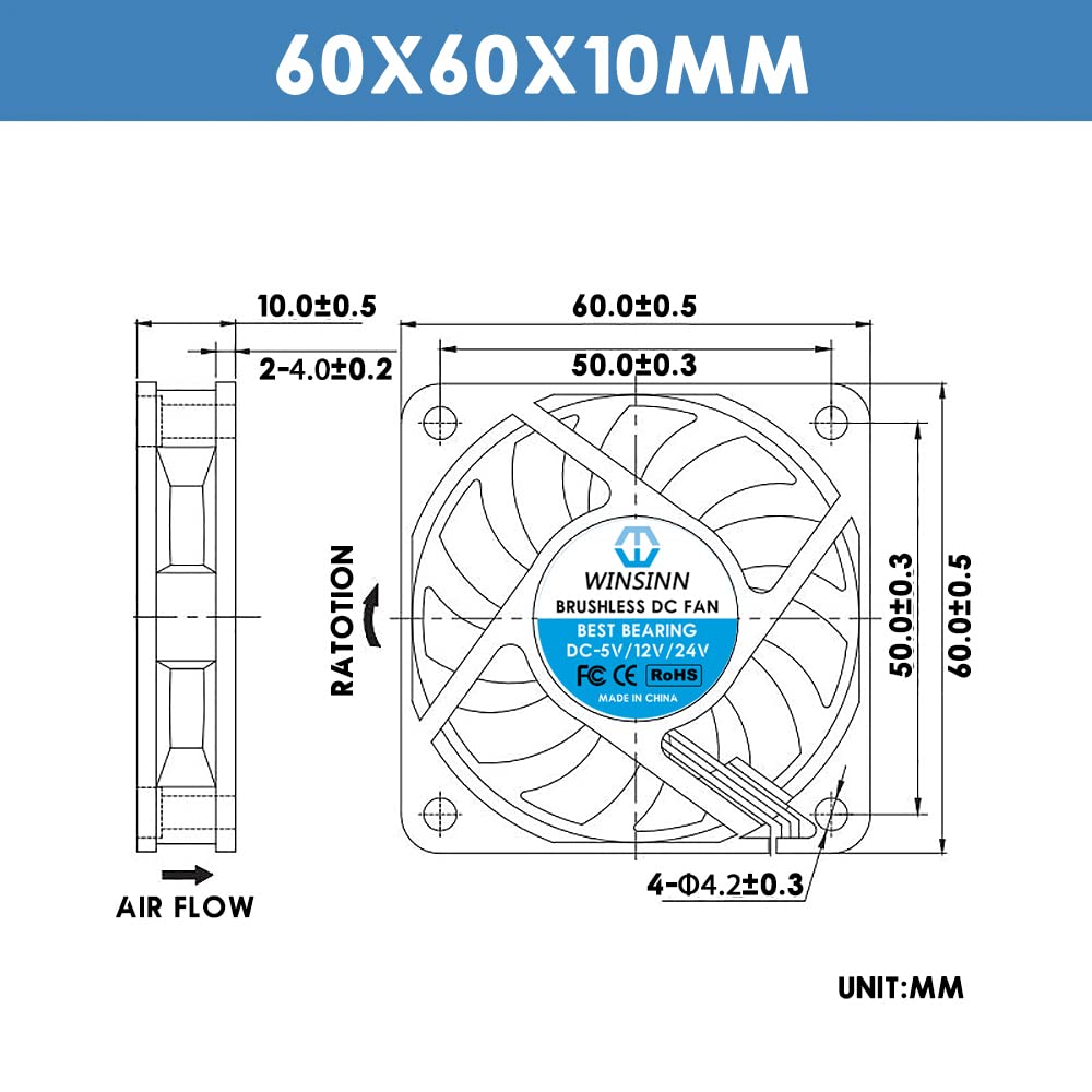 WINSINN DC 60mm Fan 24V 6010 Dual Ball Bearing Brushless Cooling 60mmx10mm 2PIN (Pack of 2Pcs)