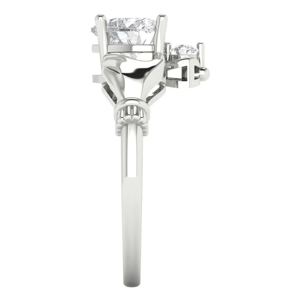 1.06 Ct Brilliant Heart Cut Clear Simulated Diamond 14K White Gold Solitaire Claddagh Engagement Anniversary Ring Size 10