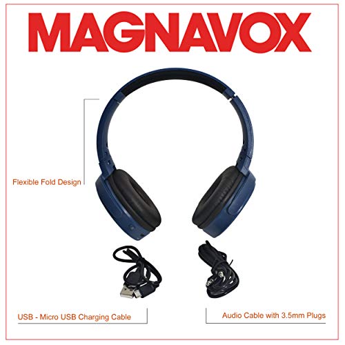 Magnavox MBH542-BL Bluetooth Wireless Foldable Stereo Headphones in Blue