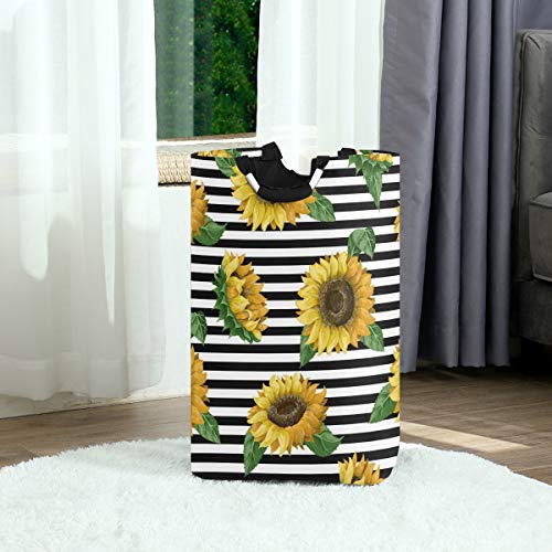 Aflyko Sunflower Black and White Stripes Laundry Basket Foldable Waterproof Laundry Hamper Large Storage Basket with Handles for Bathroom Washhouse Home Decor