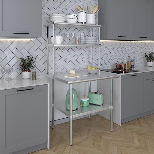 30" x 36" Stainless Steel Work Table with 12" Wide Double Tier Overshelf | Metal Kitchen Prep Table & Shelving Combo
