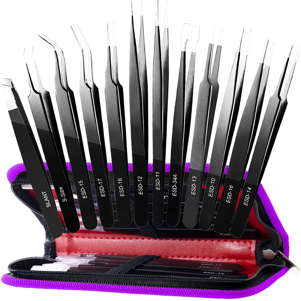 Antonki 12 Pack Precision Tweezers Set, Point and Slant Metal Tweezer Kits for Craft, Soldering, Jewelry, Ingrown Hair, Eyelash Extension, Eyebrow - with Case