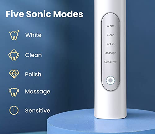 Enther Electric Toothbrush for Adults Kids, Rechargeable Sonic Toothbrush with Refill Head, Artificial Intelligence Waterproof Smart Toothbrush with 5 Modes White