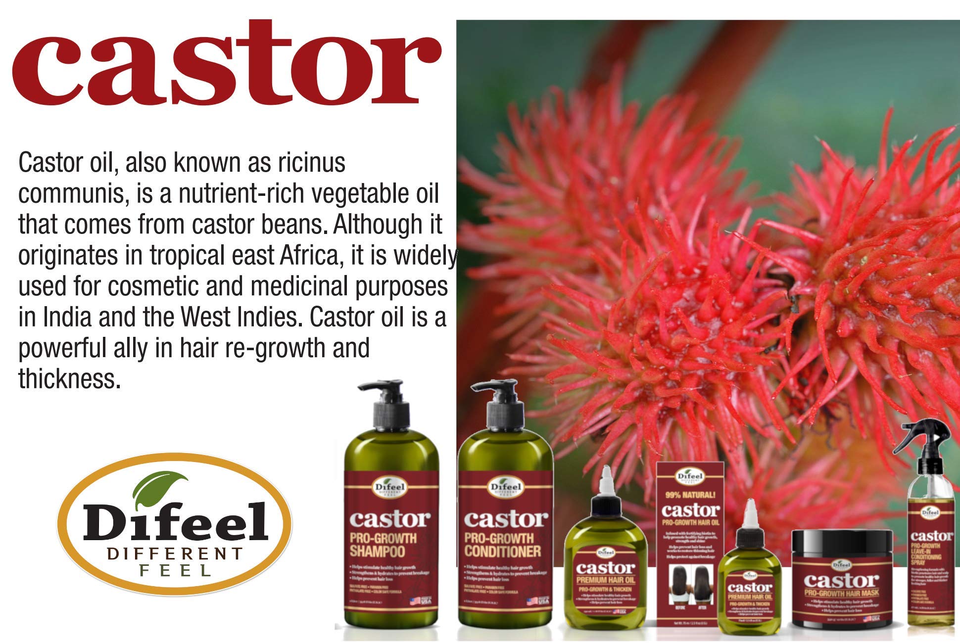 Difeel Pro-Growth Hair Care Set with Castor Oil - 3-PC Style: Shampoo & Conditioner 12oz EACH, & Hair Oil 8oz