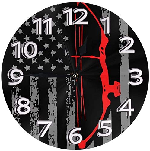 BUSHUO Archery Bow Hunting Us Flag Wall Clock Waterproof Decorative Clocks Lightweight Clock with Roman Numeral Hands Durable Round Wall Clock for Living Room Classroom Patio Bedroom