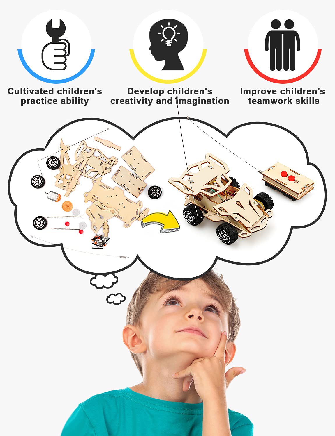 2 in 1 STEM Model Car Kits, 3D Wooden Puzzles, Education Science Experiment Kits, DIY Remote Control STEM Projects Building Toys, Gifts for 8, 9, 10,11,12 Year Old Boys and Girls
