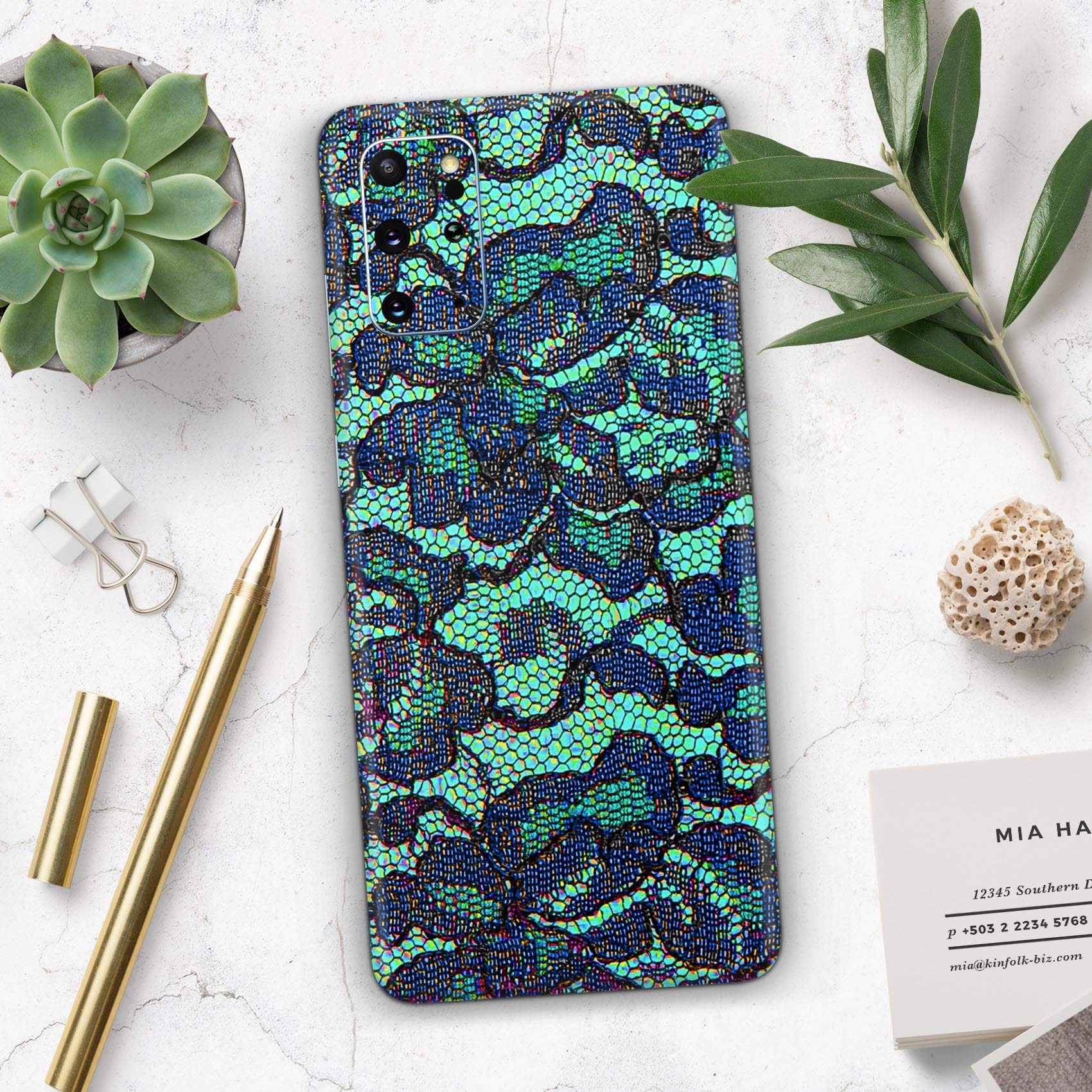 DesignSkinz Blue & Teal Lace Texture Protective Vinyl Decal Wrap Skin Cover Compatible with The Samsung Galaxy S20 (Screen Trim & Back Glass Skin)