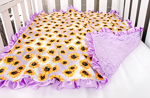 Top Tots Baby Blanket - Small Sunflowers with Purple Minky Dot & Satin Ruffle, 31 x 31 Inch Yellow