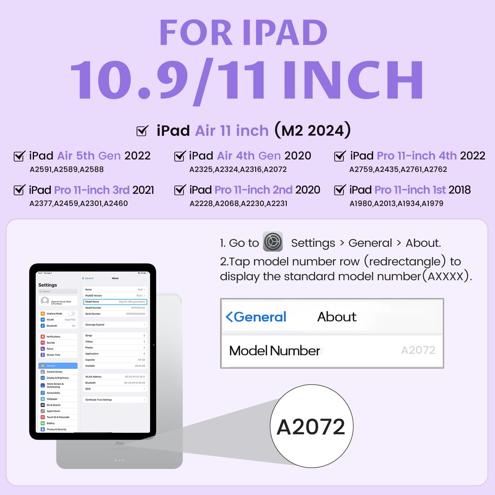 OYEEICE Keyboard Case for iPad Air 11 inch (M2 2024)/10.9 inch Air 5th/4th Gen/iPad Pro 11 1st/2nd/3rd Gen - 7-Color Backlit Detachable Keyboard, Folio Cover with Pencil Holder - Purple